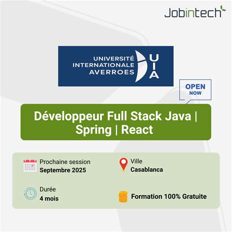 Développeur Full Stack Java Spring React Université Internationale Averroès Jobintech