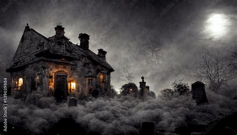 Full Moon Spooky Haunted House Graveyard With Fog Rolling In On
