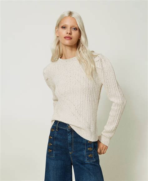 Ribbed Turtleneck Jumper With Sequins Woman White Twinset Milano