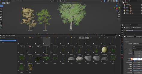 自然植物套装石头树草 blender布的