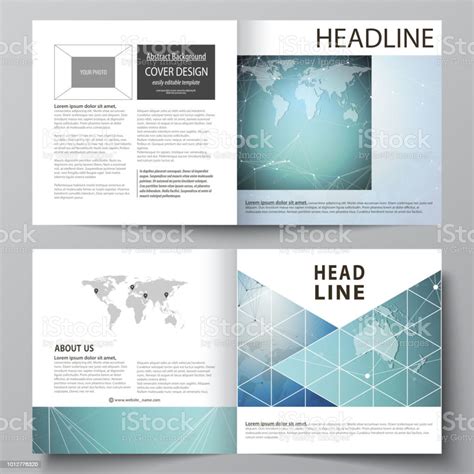 사각형 디자인 Bi에 대 한 두 개의 표지 서식 파일의 편집 가능한 레이아웃의 벡터 일러스트 레이 션 소책자 전단지 잡지 브로셔 접어 화학 패턴 선 및 점 들을 연결입니다