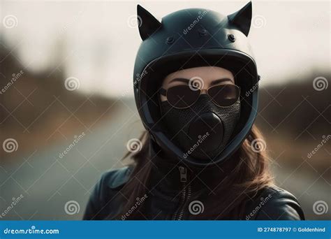 Portrait Of A Pretty Confident Woman Biker Looking At The Camera