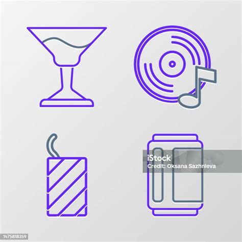 세트 라인 맥주 캔 불꽃 놀이 로켓 비닐 디스크 및 칵테일 아이콘 벡터 Dj에 대한 스톡 벡터 아트 및 기타 이미지 Dj