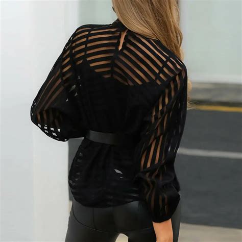 Fashion Sexy Women Sheer Mesh Long Puff Sleeve Stripe See Through