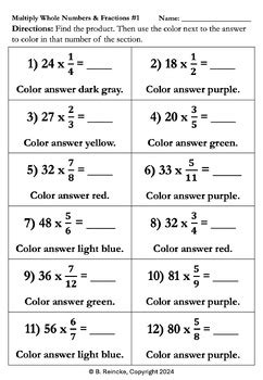 Multiplying Whole Numbers And Fractions Color By Number Color By Code