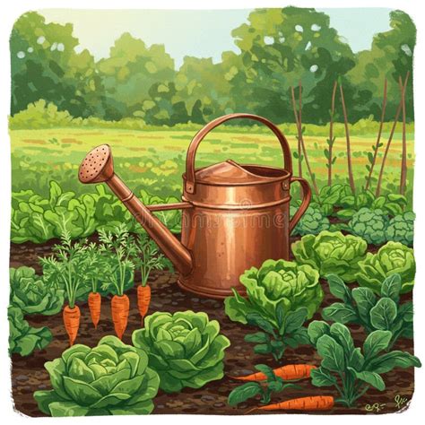 A Rustic Garden Scene Featuring A Large Copper Watering Can In A