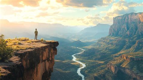 A Man Stands On A Cliff Overlooking A River And A River Premium Ai