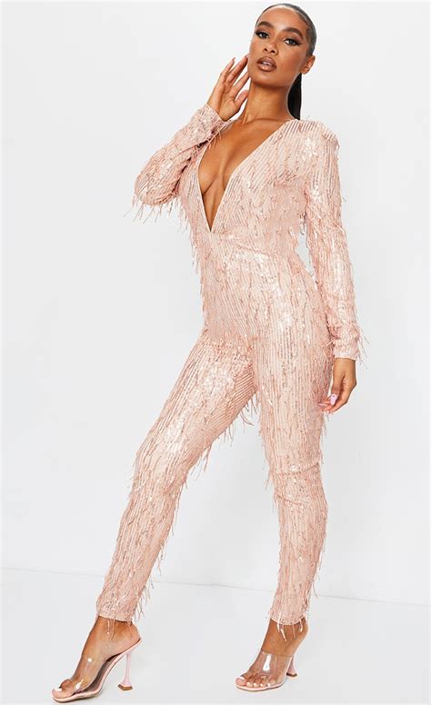 Rose Gold Tassel Sequin Shoulder Pad Jumpsuit Jumpsuits And Playsuits