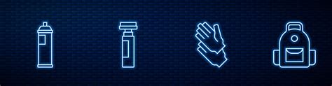 세트 라인 고무 장갑 페인트 스프레이 캔 마커 펜 및 학교 배낭 벽돌 벽에 빛나는 네온 아이콘입니다 벡터 가방에 대한 스톡 벡터 아트 및 기타 이미지 Istock
