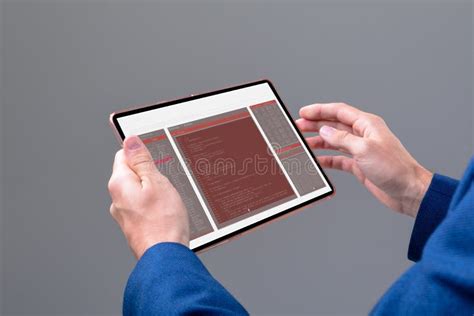 Hands Of Caucasian Male Programmer Using Tablet With Coding On Screen Stock Image Image Of