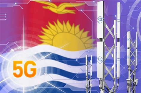 Kiribati 5g 산업 일러스트 플래그와 현대 배경에 대형 셀룰러 네트워크 돛대 또는 타워 3d 일러스트 0명에 대한 스톡