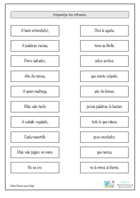 Hoja Ficha De Ejercicios De Refranes Refranes Refranes Populares