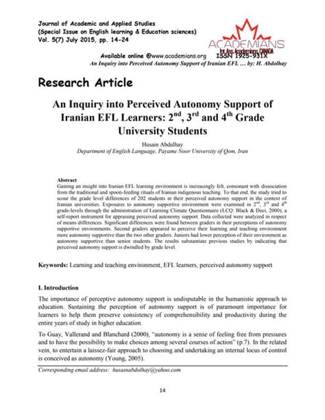 Perceived Autonomy Support Of Efl Learnerspdf