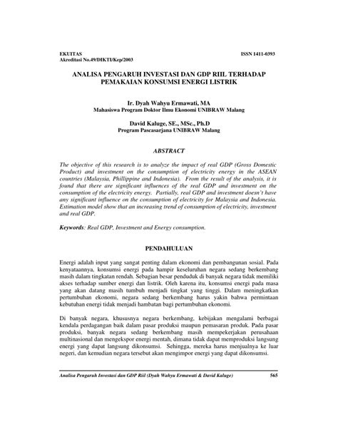 PDF ANALISA PENGARUH INVESTASI DAN GDP RIIL TERHADAP PEMAKAIAN KONSUMSI ENERGI LISTRIK