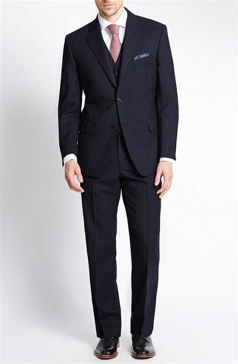 Mens Navy Pinstripe Three Piece Suit Custom Tailored