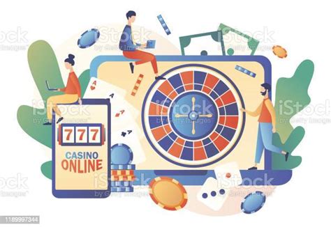 인터넷 카지노 및 도박 개념 작은 사람들이 온라인 도박 게임을 사람들은 온라인 포커 룰렛 슬롯 머신을 재생합니다 현대 평면 만화 스타일입니다 벡터 일러스트레이션 가능성에