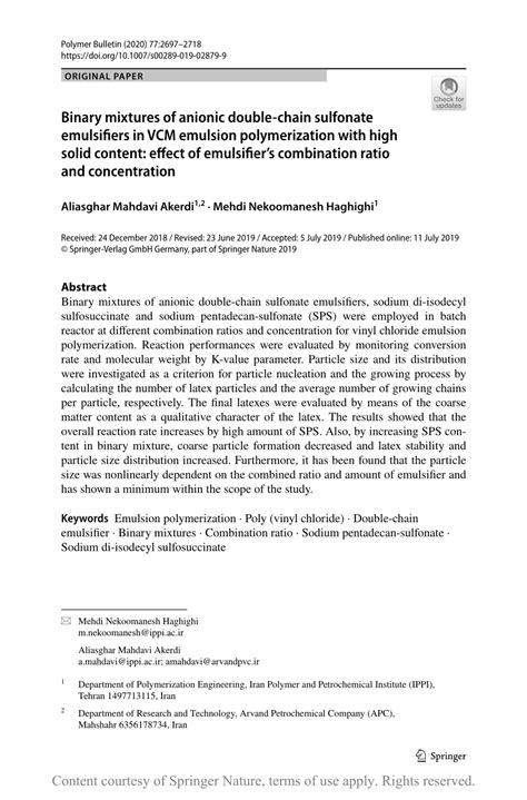 Binary Mixtures Of Anionic Double Chain Sulfonate Emulsifiers In Vcm Emulsion Polymerization