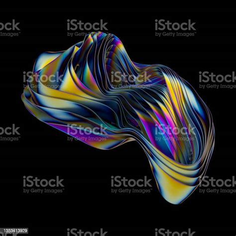 3d 렌더링 무지개 빛깔의 금속 호일 질감과 추상적 인 모양 검은 배경에 고립 된 층화 된 물체 미래지향적 인 벽지 3차원 형태에 대한 스톡 사진 및 기타 이미지 Istock