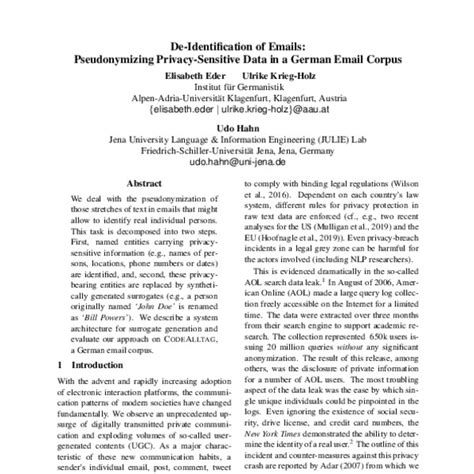De Identification Of Emails Pseudonymizing Privacy Sensitive Data In A German Email Corpus