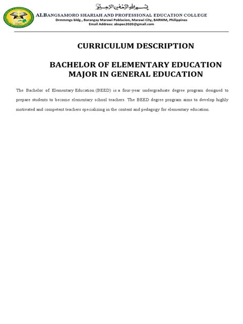 Curriculum Descirption Of Beed Bsed Shariah Pdf