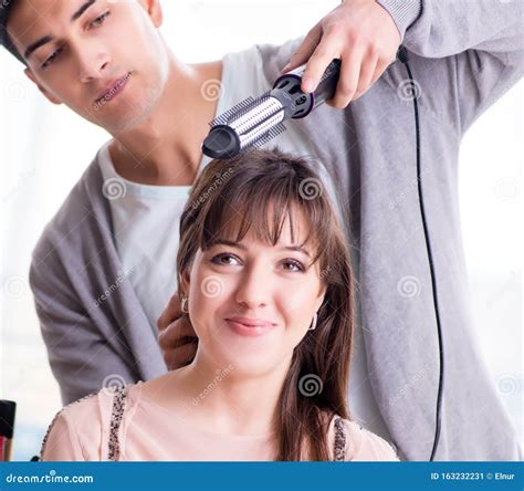 Man Stylist Working With Woman In Beauty Salon Stock Image Image Of