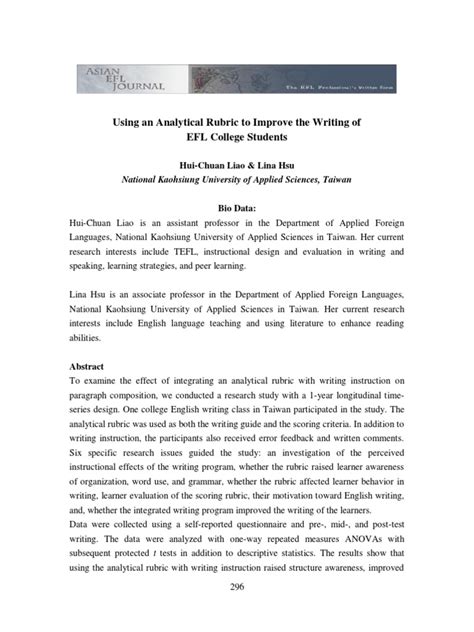 Using An Analytical Rubric To Improve The Writing Of Efl College