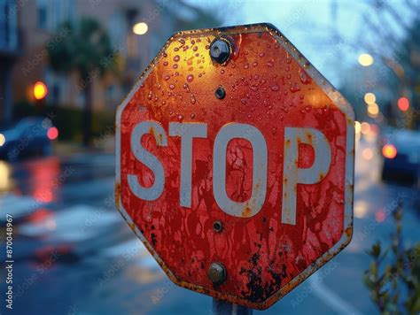 A Weathered And Rain Soaked Stop Sign Stands Prominently At An Urban
