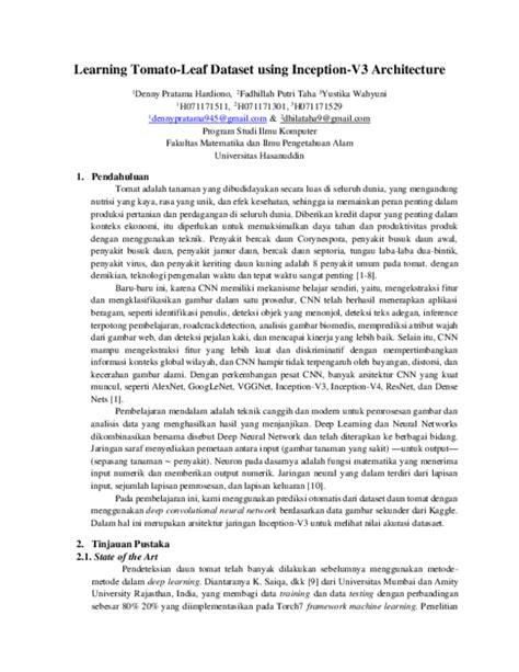 Pdf Learning Tomato Leaf Dataset Using Inception V3 Architecture With