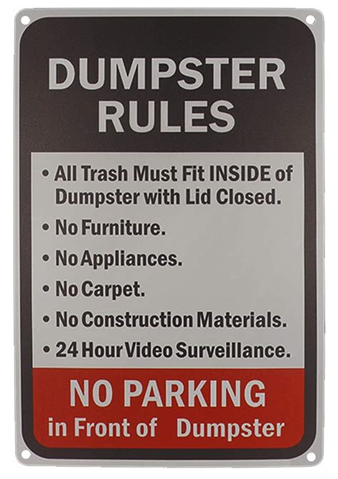 Dumpster Rules Sign No Parking In Front Of Dumpster Warning Safety