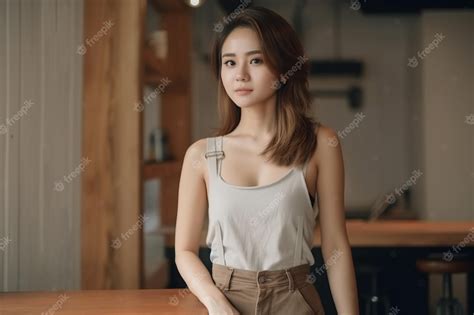 Premium Photo A Woman In A White Tank Top Stands In A Cafe And Wears