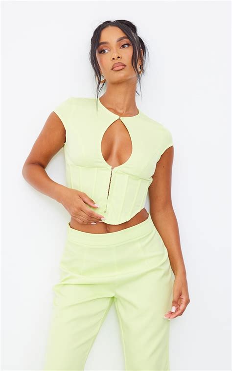 Lime Woven Keyhole Cut Out Cap Sleeve Corset Prettylittlething Usa