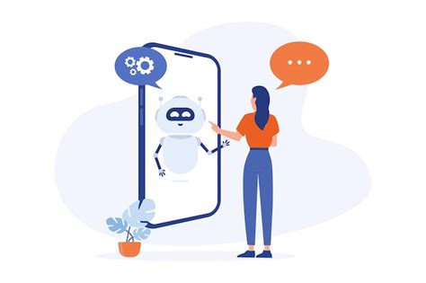 챗봇 개념 큰 스마트폰 화면에서 챗봇과 대화하는 여성 온라인 고객 지원 봇 고객 서비스 도움말 벡터 일러스트와 대화 프리미엄 벡터