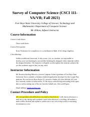 Fall 2021 Syllabus CSCI 111 VA B Revised Doc Survey Of Computer