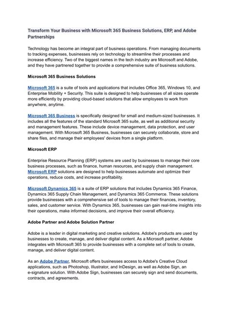 Ppt Transform Your Business With Microsoft 365 Business Solutions Erp And Adobe Pa