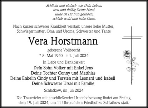 Traueranzeigen Von Vera Horstmann Trauer Nordkurier