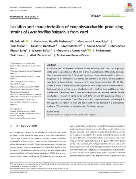 Pdf Isolation And Characterization Of Exopolysaccharide Producing Strains Of Lactobacillus