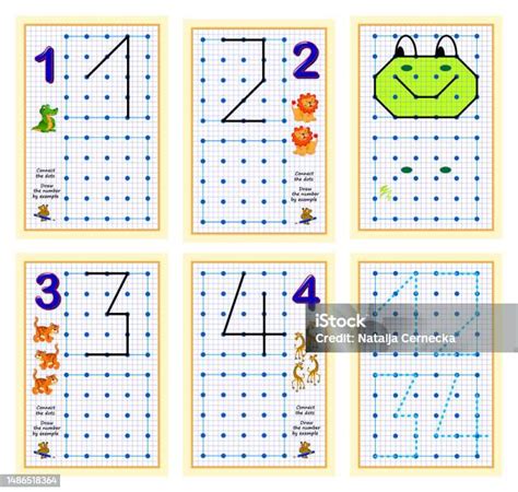 1에서 4까지의 숫자를 가진 어린이를 위한 정사각형 종이에 교육 페이지 세트 점들을 연결하십시오 예를 들어 숫자를 그립니다 색칠 공부 어린이 학교 통합 문서를 위한 인쇄
