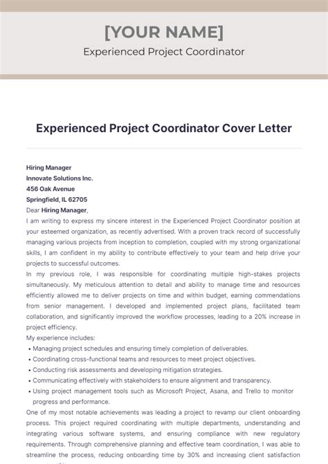 Free Experienced Project Coordinator Cover Letter Template To Edit Online
