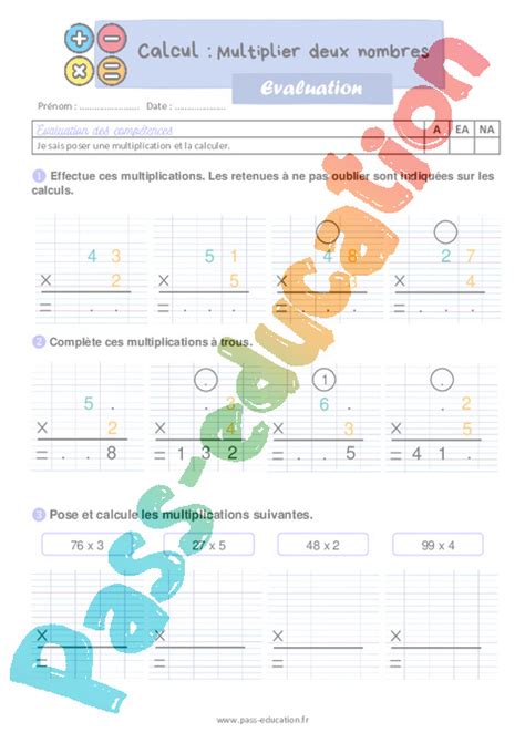 Multiplier deux nombres au Ce1 Evaluation Cycle 2 PDF à imprimer