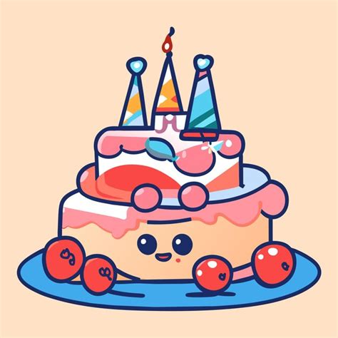 생일 케이크 손으로 그린 만화 스티커 아이콘 개념 고립된 일러스트레이션 프리미엄 Ai 생성 벡터