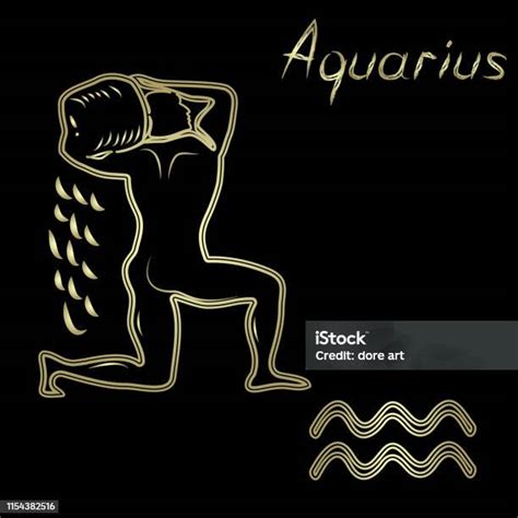 물병자리 조디악 기호 벡터 일러스트 레이 션에 검정색 배경입니다 고립 된 별자리 기호의 황금 그림입니다 점성 학적 디자인 요소
