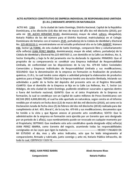 Acto Autentico Constitutivo De Empresa Individual De Responsabilidad