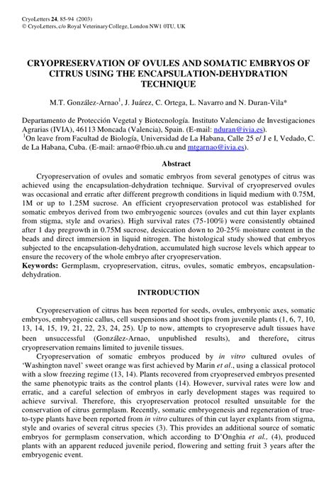 Pdf Cryopreservation Of Ovules And Somatic Embryos Of Citrus Using