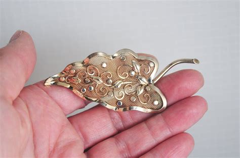 Vintage Walter Lampl Gold Filled Mesh Leaf Brooch Silvervintagejewelry