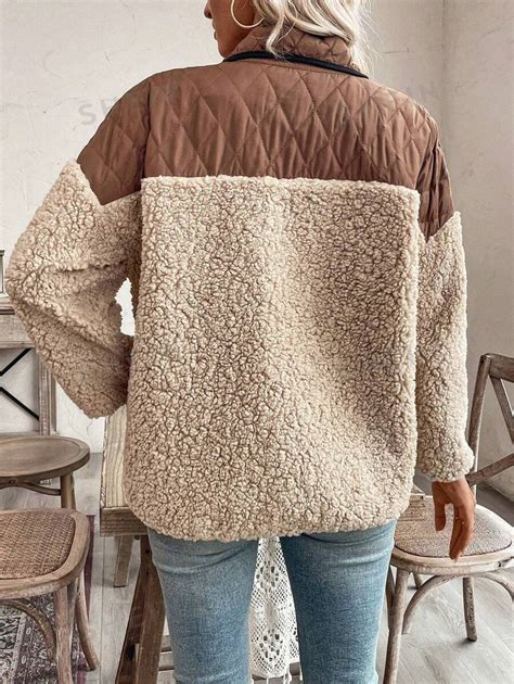 Shein Essnce 2024 Fall And Winter New Arrival Colorblock Diamond Pattern Fleece Warm Jacket Shein Uk