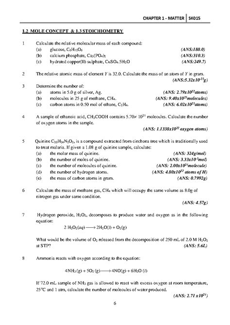 Tutorial 1 2 1 3 Mole Concept Stochiometry 1 Mole Concept And 1 Stoichiometry 1 Calculate The