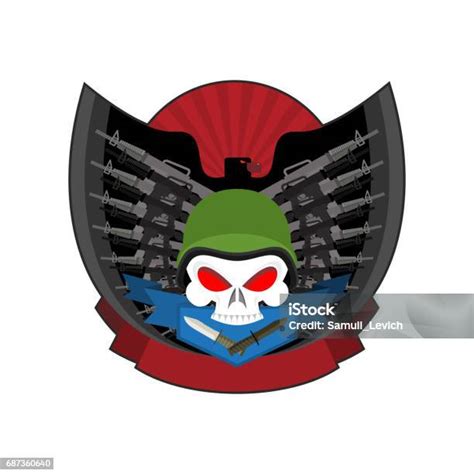 กะโหลกสัญลักษณ์ทหารในหมวกเบเร่ต์ ปีกและอาวุธ ตราทหารบก นกอินทรีกับปืน สัญญาณที่ยอดเยี่ย