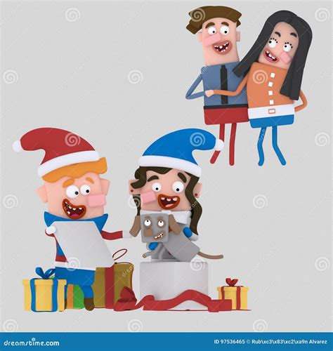 Padres Felices Que Miran A Sus Hijos Que Abren Los Regalos Stock De