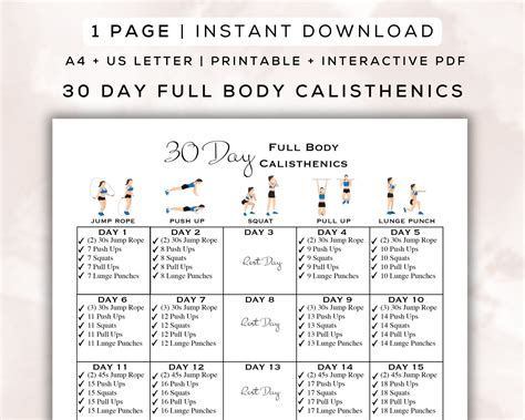 30 Day Full Body Calisthenics Workout Plan Printable Interactive Pdf