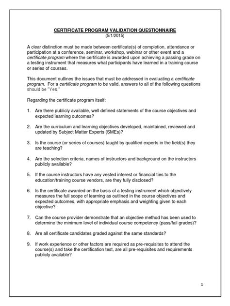 Certificate Program Validation Questionnaire Professional Certification Certification